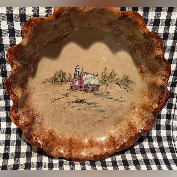 Source Unknown | Kitchen | Art Pottery Pie Plate Hand Painted Barn Farm ...